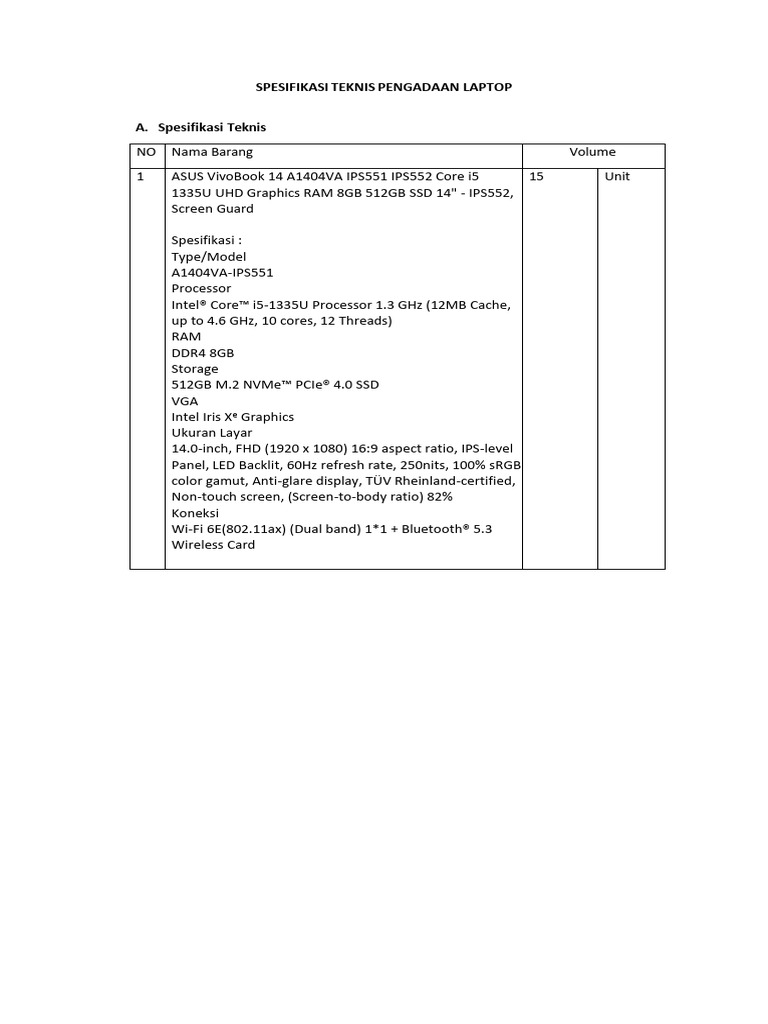Spesifikasi Teknis Pengadaan Laptop Pdf
