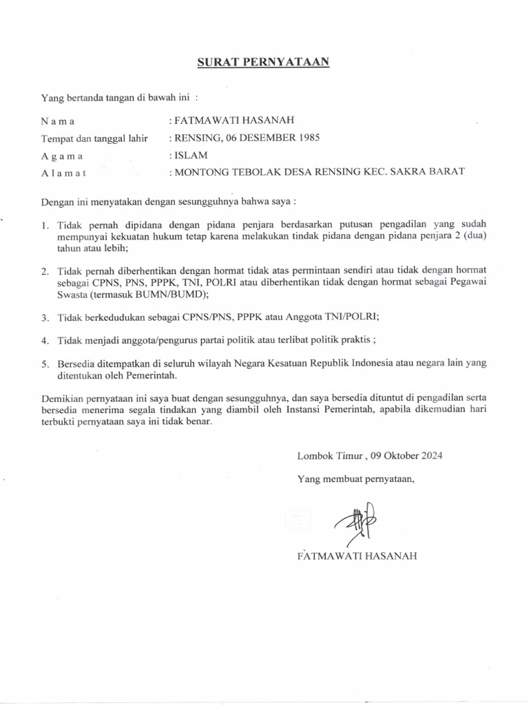 Surat Pernyataan Fatmawati Hasanah | PDF