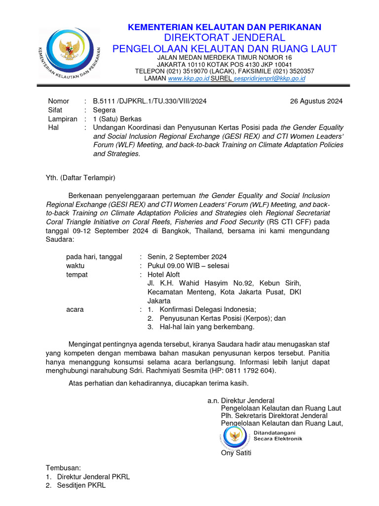 UND 5111 - Koordinasi Dan Penyusunan Kertas Posisi GESI, WLF Dan CCA WG 02 September 2024 | PDF