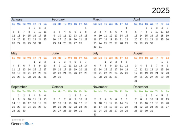 2025 Multi Colored Calendar Sunday Start | PDF