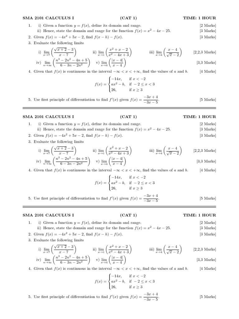 Cat 1 (Sma 2101) - 2024 October | PDF | Function (Mathematics) | Calculus