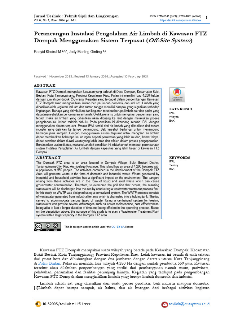 Perancangan Instalasi Pengolahan Air Limbah Di Kawasan FTZ Dompak Menggunakan Sistem Terpusat ...