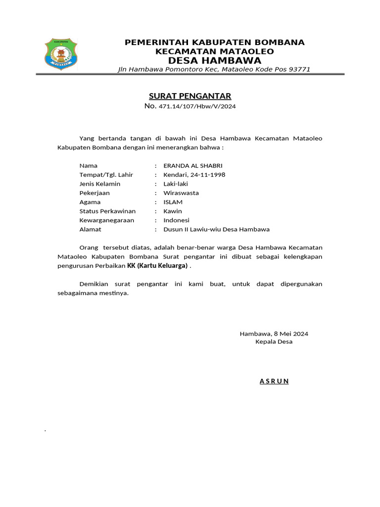 Surat Pengantar Pembuatan KK Dari RT RW | PDF