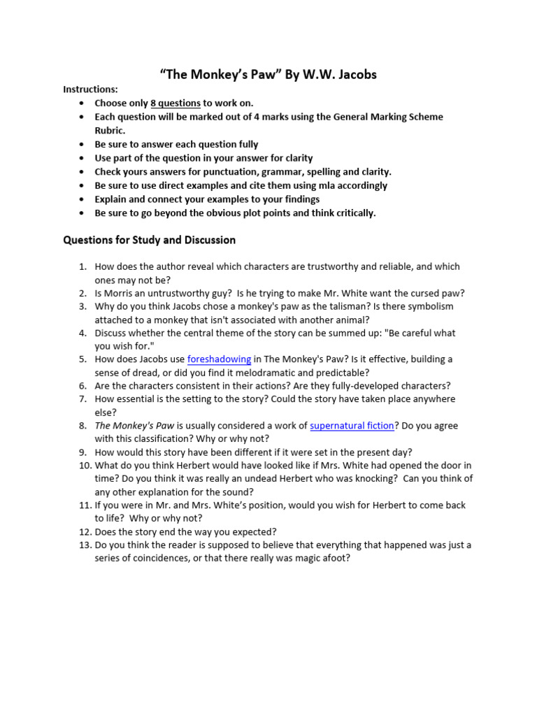 The Monkey's Paw Study Questions | PDF