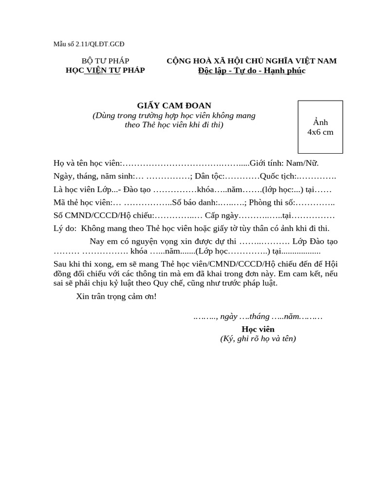 Giay Cam Doan Dung Khi Di Thi Ko Mang The HV (Mau 2.11) | PDF