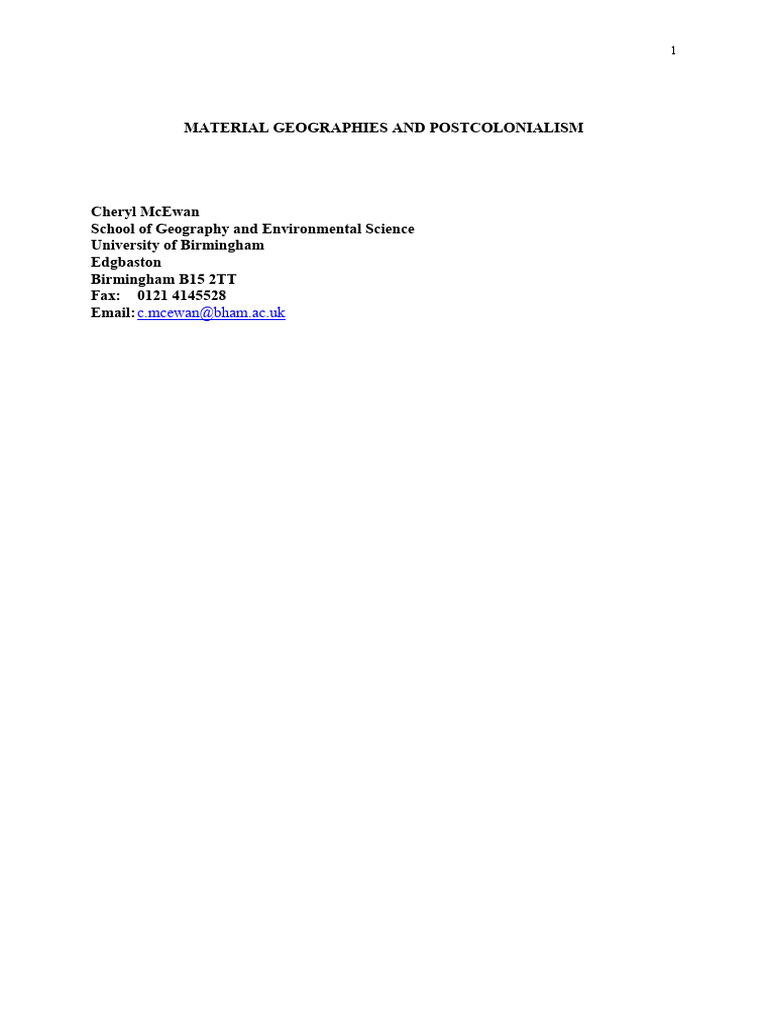 Material Geographies and Postcolonialism: C.mcewan@bham - Ac.uk | PDF ...