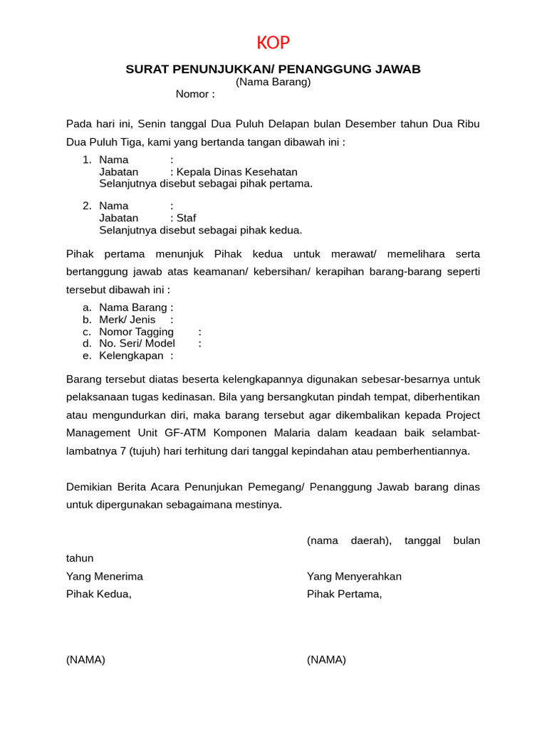 Surat Penunjukkan-Penanggung Jawab Aset | PDF | Hukum