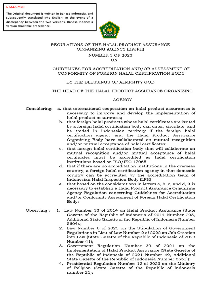 BPJPH Regulation Perkaban 3 2023 Accreditation and or Conformity Assessment of FHCB 203222f75e | PDF