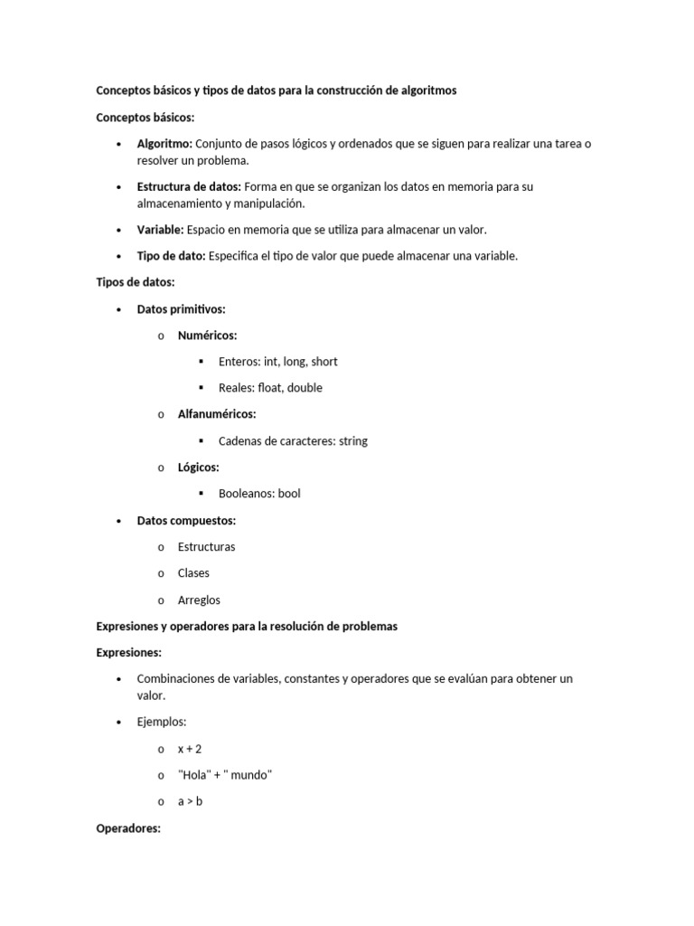 Conceptos Básicos y Tipos de Datos para La Construcción de Algoritmos | PDF | Tipo de datos ...