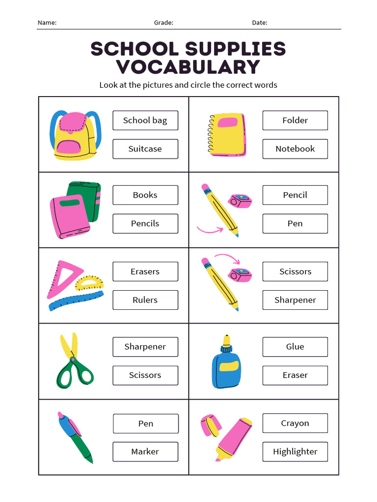 School Things Vocabulary Worksheets | PDF | Pencil | Drawing