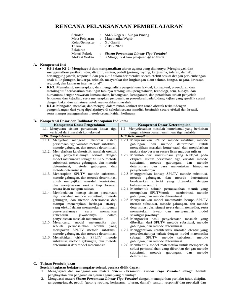 UD RPP 3 Sistem Persamaan Linear Tiga Variabel | PDF