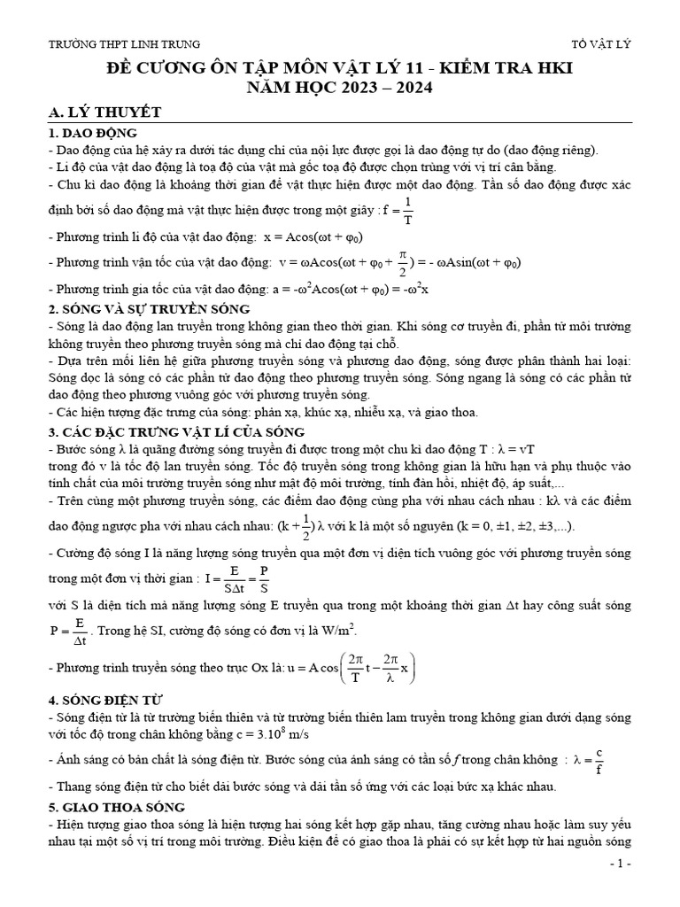 De Cuong On Tap hk1 Ly 11 2023 2024 - 1112202321 | PDF