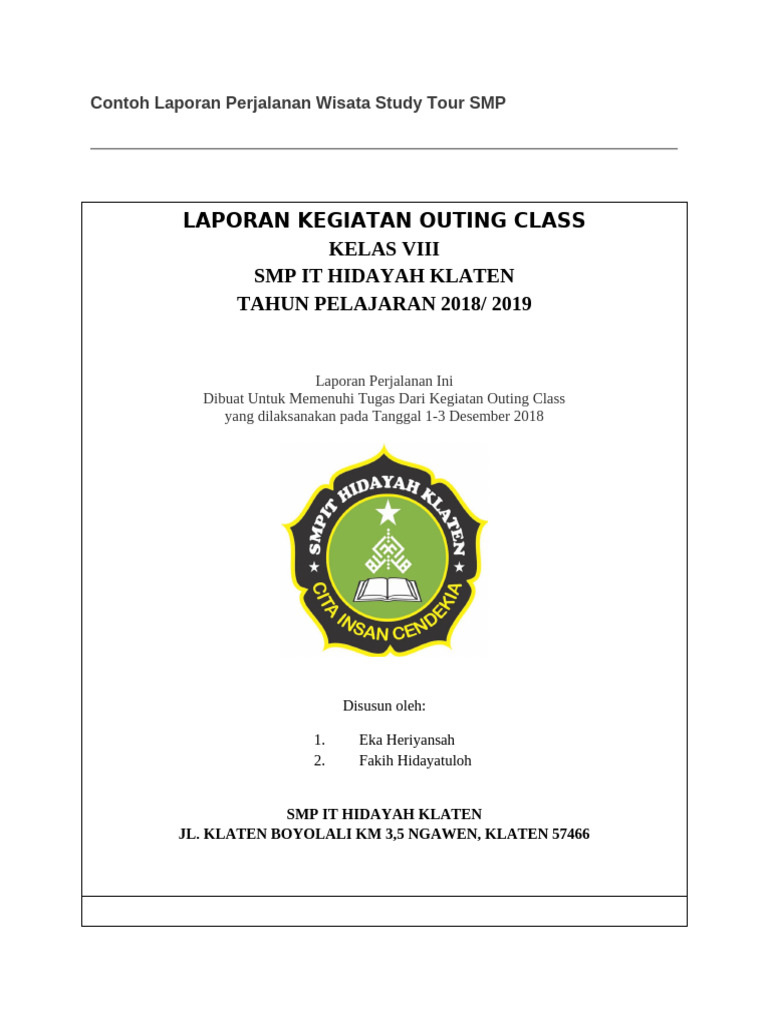 Contoh Laporan Perjalanan Wisata Study Tour SMP | PDF