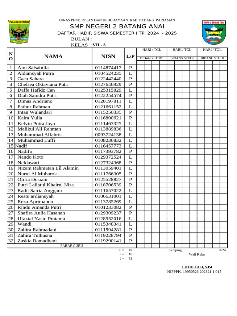 Absensi kelas 7 2024-2025 | PDF
