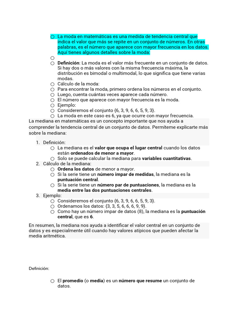 La Moda en Matemáticas Es Una Medida de Tendencia Central Que Indica El ...