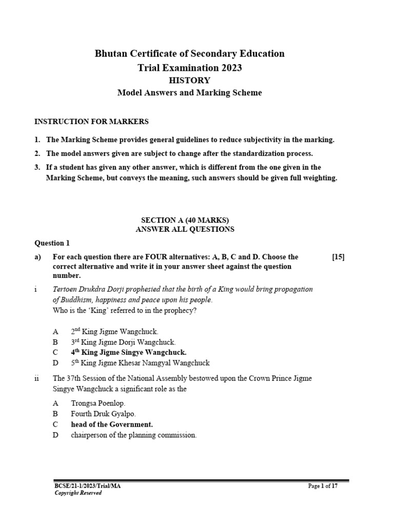 BCSE - 2023 - HISTORY - Trial - MA | PDF | Bhutan