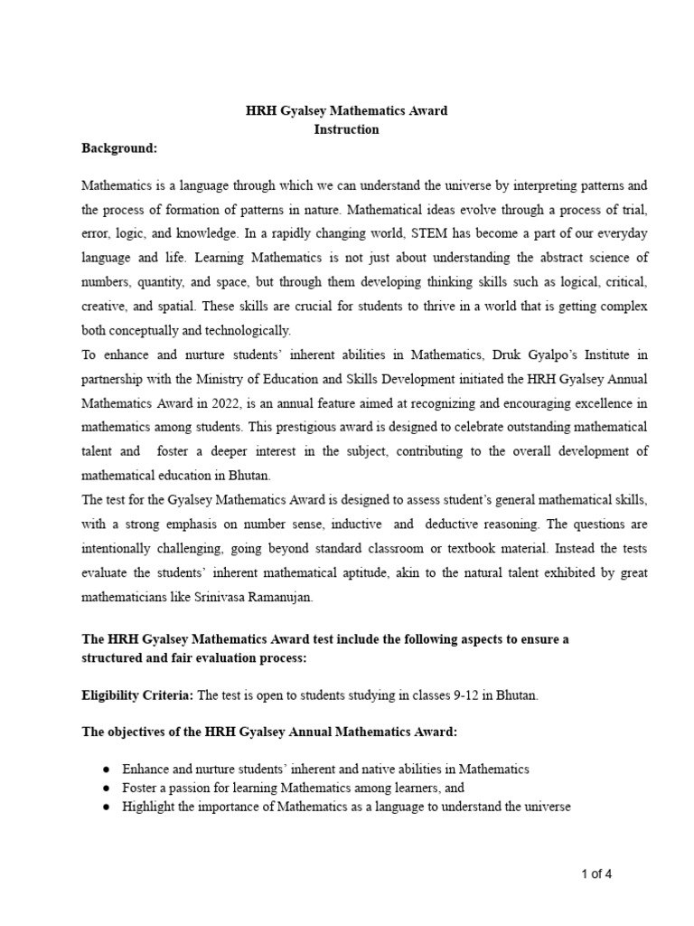 HRH Gyalsey Math Award Instructions | PDF | Mathematics | Cognition
