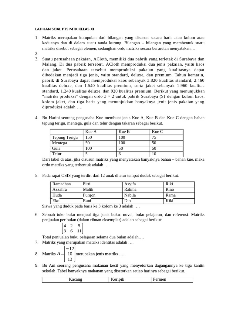 Latihan Soal PTS MTK Kelas Xi | PDF