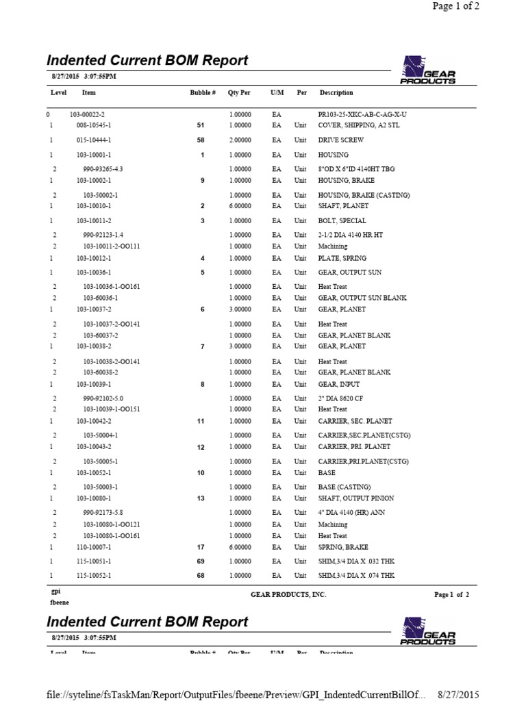 Gpi 103-00022-2 Bom | PDF | Gear | Tools