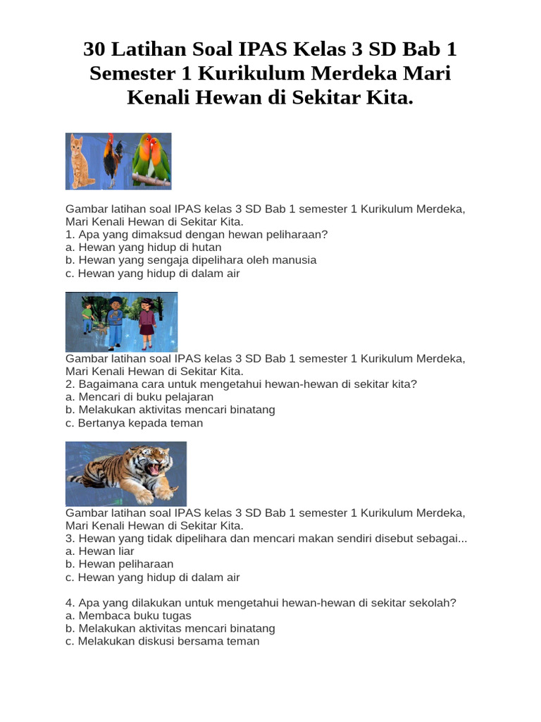 30 Latihan Soal IPAS Kelas 3 SD Bab 1 Semester 1 Kurikulum Merdeka Mari Kenali Hewan Di Sekitar ...