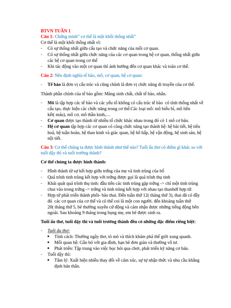 BTVN Sinh Lí Học Trẻ Em 1 | PDF