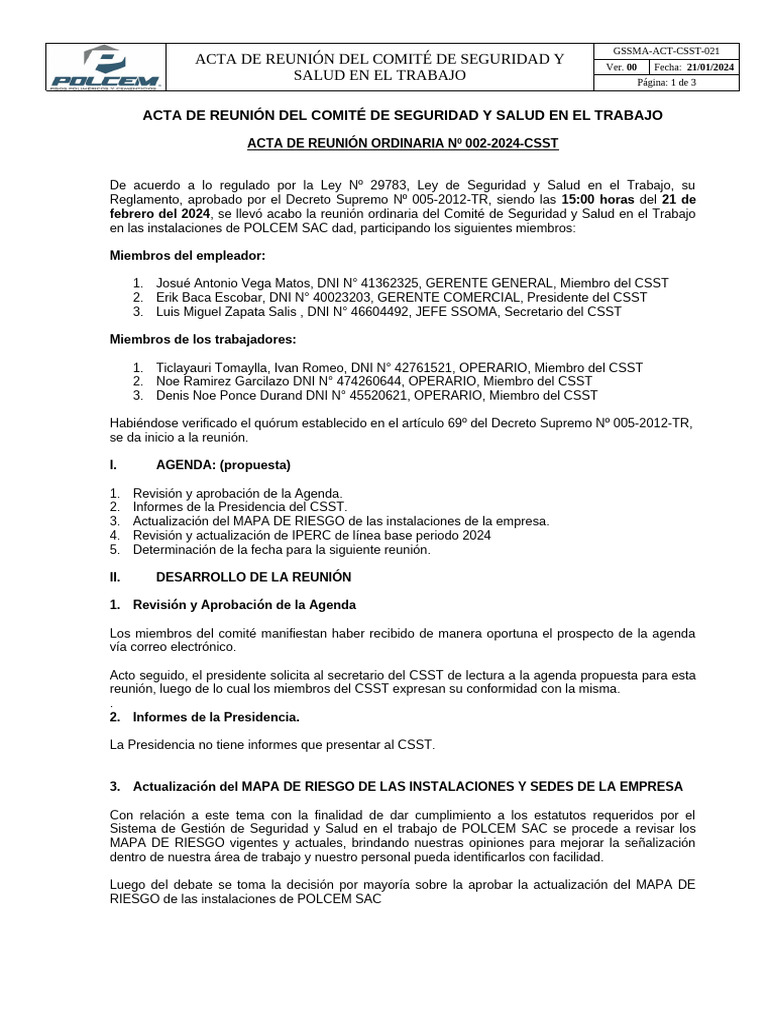 Acta Reunión Comité Seguridad 2024 | PDF | Gobierno