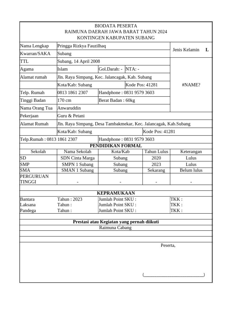 Formulir Peserta Raimuna Daerah XIV Subang (Pringga Rizkya Fauzilhaq) | PDF