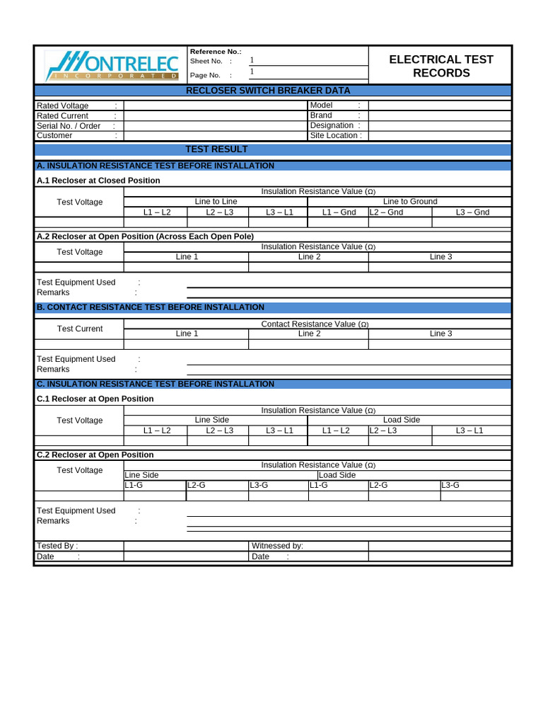 RECLOSER TEST FORM | PDF | Insulator (Electricity) | Electrical ...