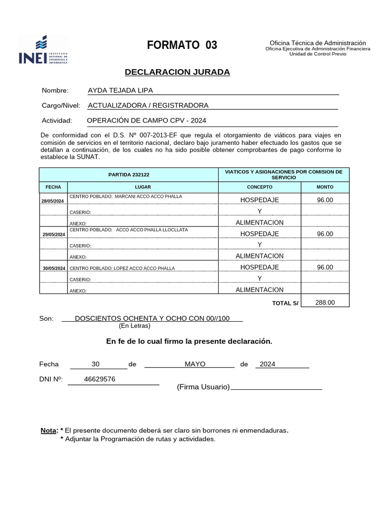 Formato 03 DDJJ VIATICOS PERIODO 7 | PDF | Gobierno