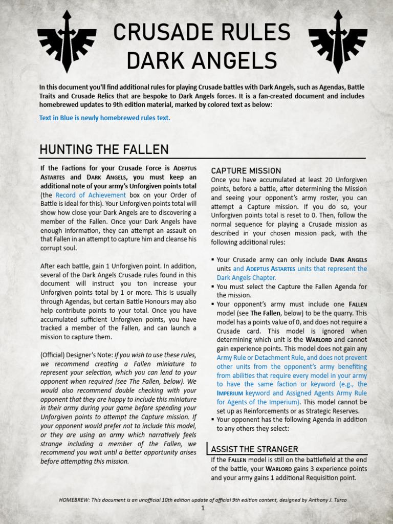 Crusade Rules 10th Ed Update - Dark Angels | PDF | Military