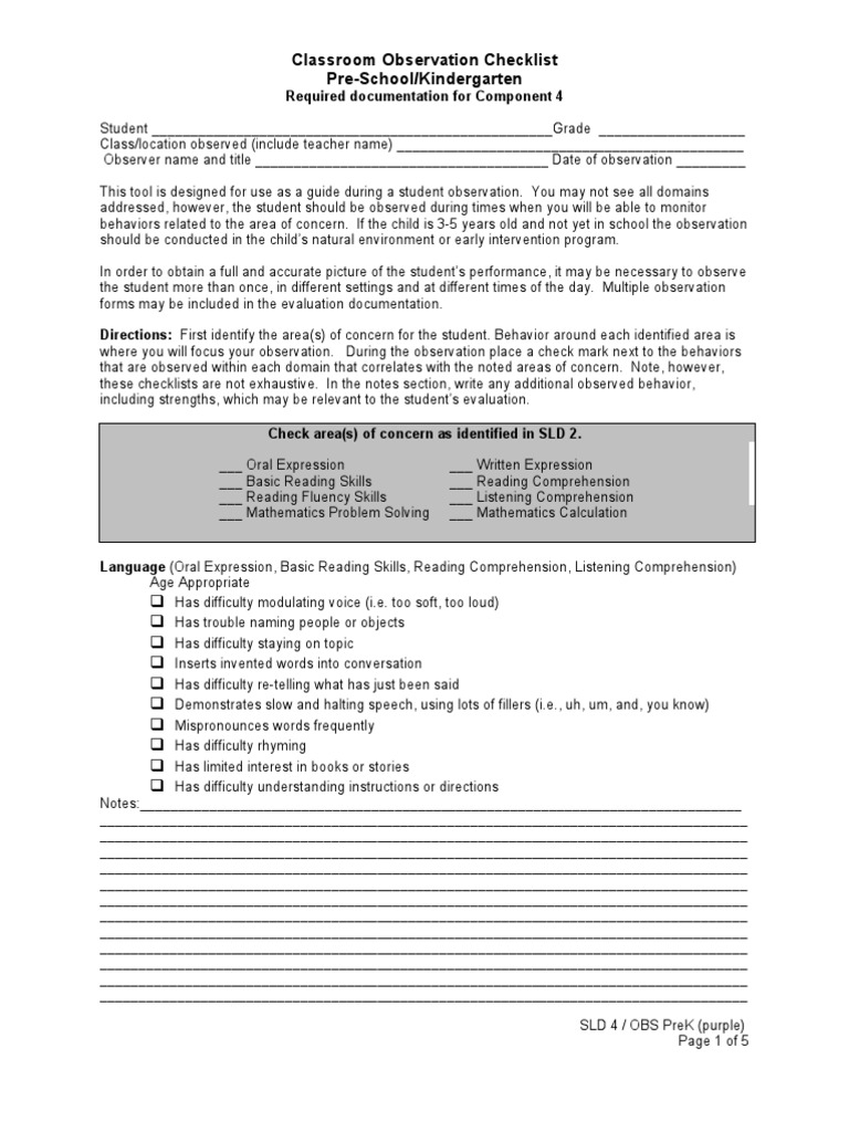 Classroom Observation Checklist Pre-School/Kindergarten | PDF | Reading ...