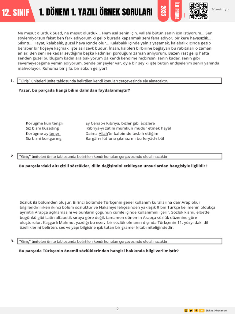 Sinif Edebiyat 1. Donem 1. Yazili Ornek Sorular 2024 2025 | PDF