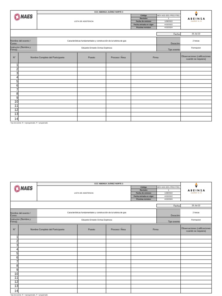 MEX N03 ADM 06 F04 Lista de Asistencia | PDF
