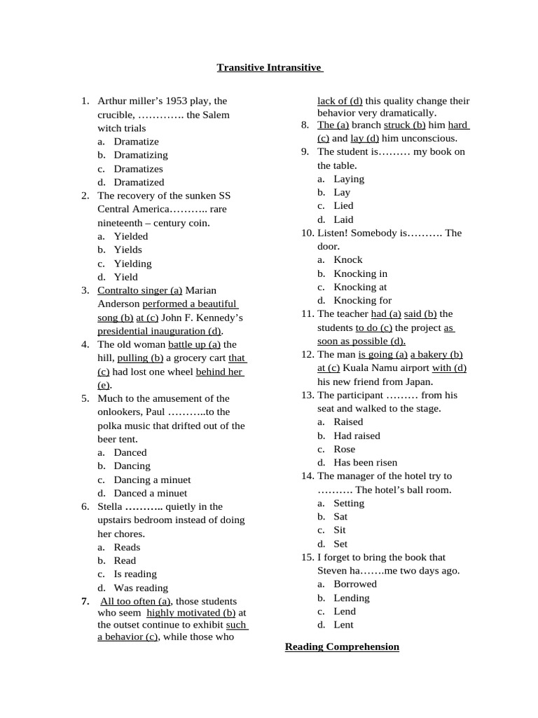 Transitive and Intransitive Verbs Quiz | PDF | Planets | Sun