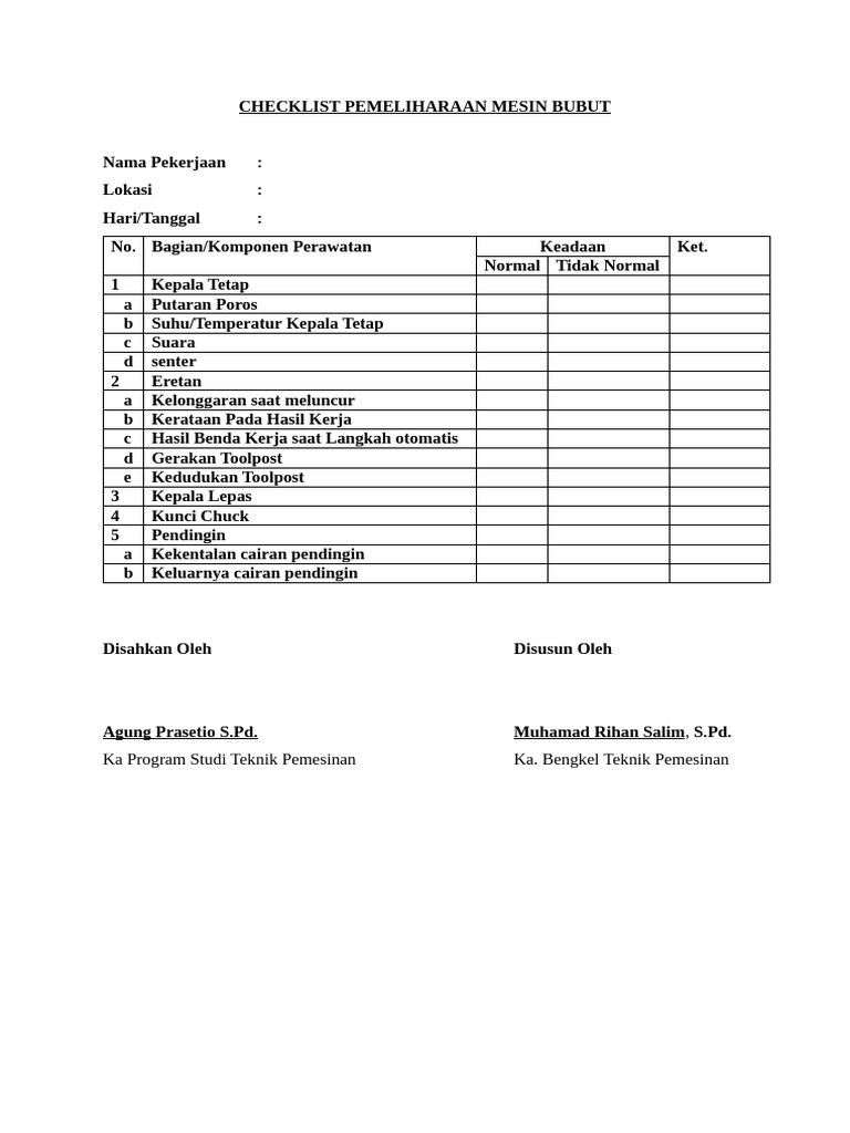 Checklist Pemeliharaan Mesin Bubut | PDF | Sains & Matematika