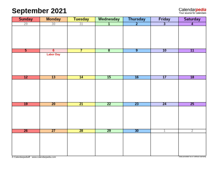 September 2021 Calendar Landscape | PDF