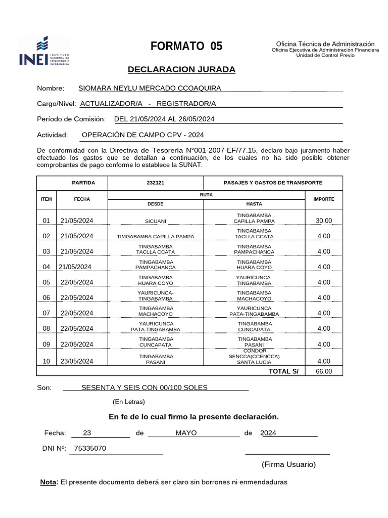 Formato 5 DDJJ PASAJES | PDF