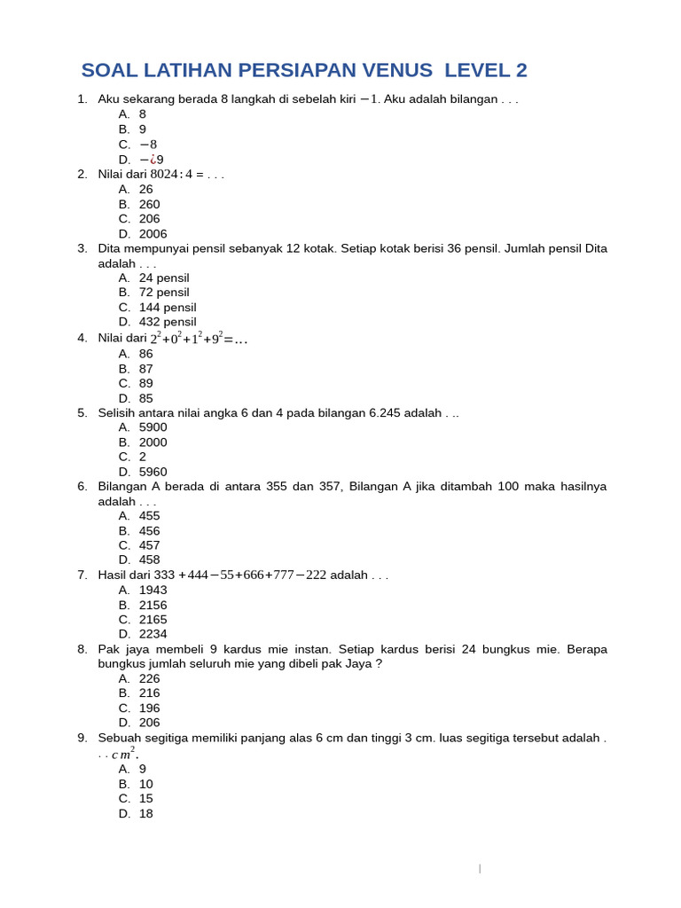 Soal Latihan Persiapan Venus Level 2 | PDF