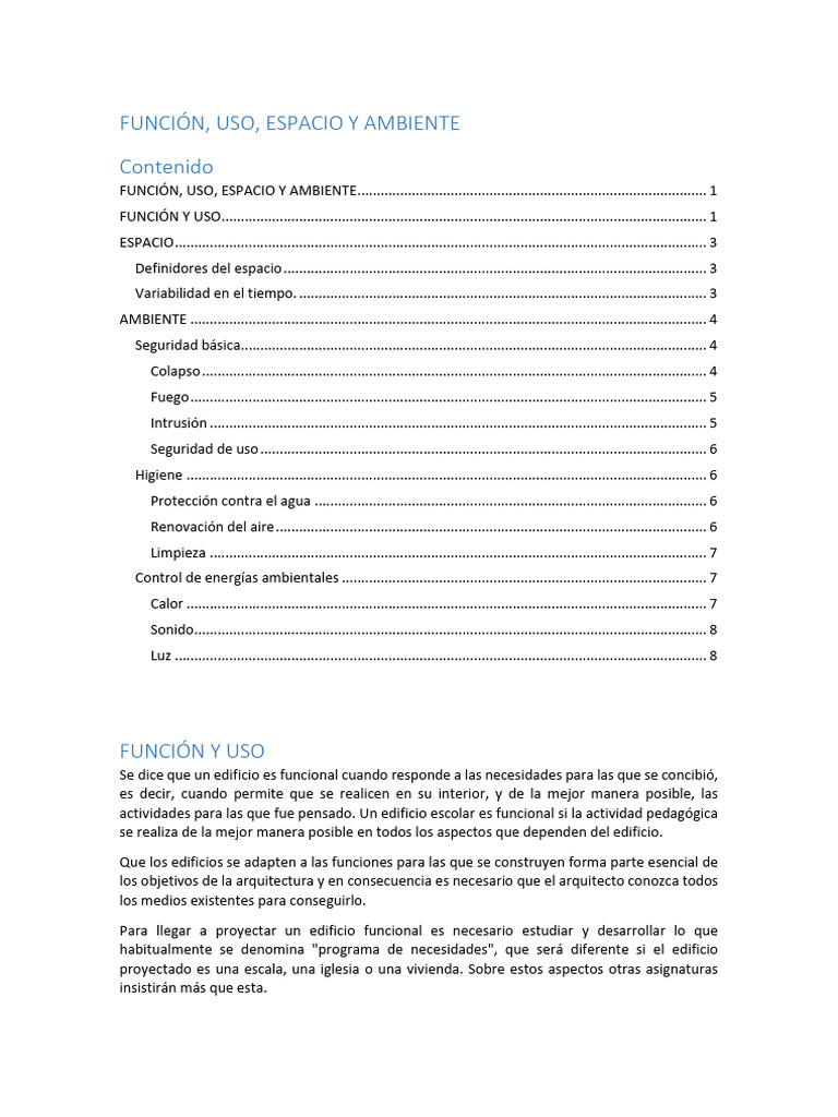 01 Funcion Uso Espacio y Ambiente | PDF | edificio | Agua