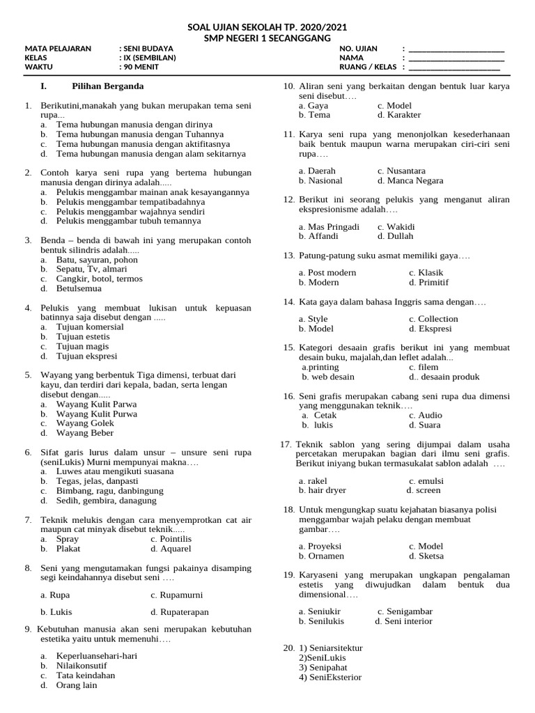 Soal Seni Budaya KLS Ix 20-21 | PDF | Seni | Gaya Hidup