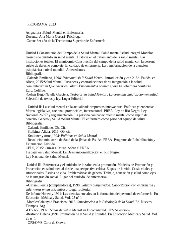Programa de Salud Mental en Enfermería. 2023. 2 | PDF | Enfermería | Salud mental