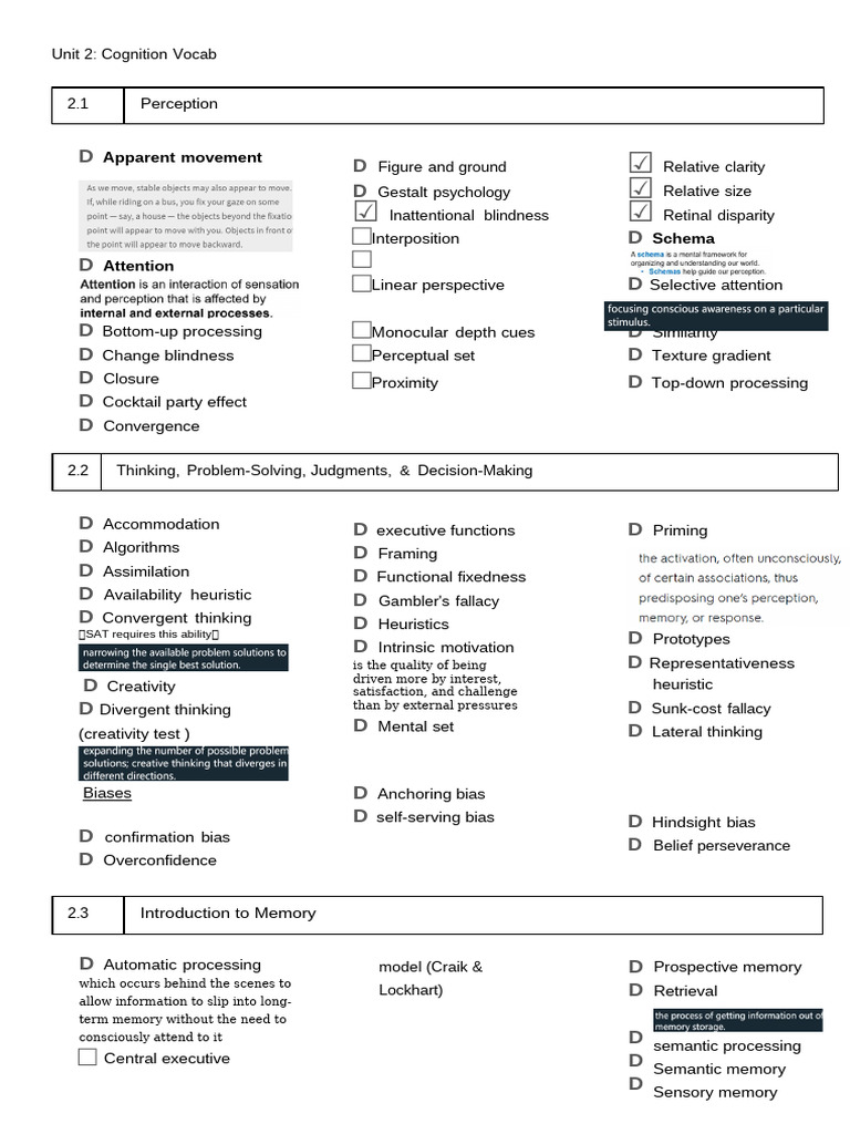 Unit 2 - Cognition Vocab List | PDF | Memory | Recall (Memory)