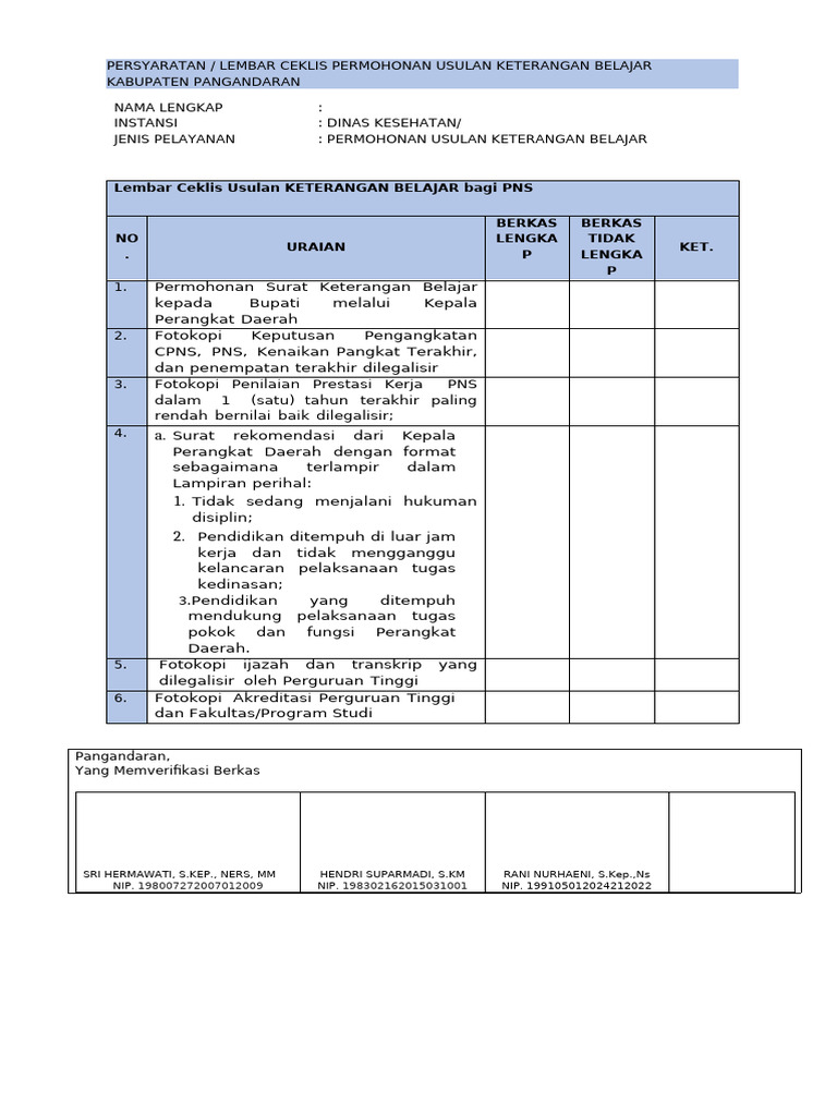 Ceklis Permohonan Keterangan Belajar PNS | PDF