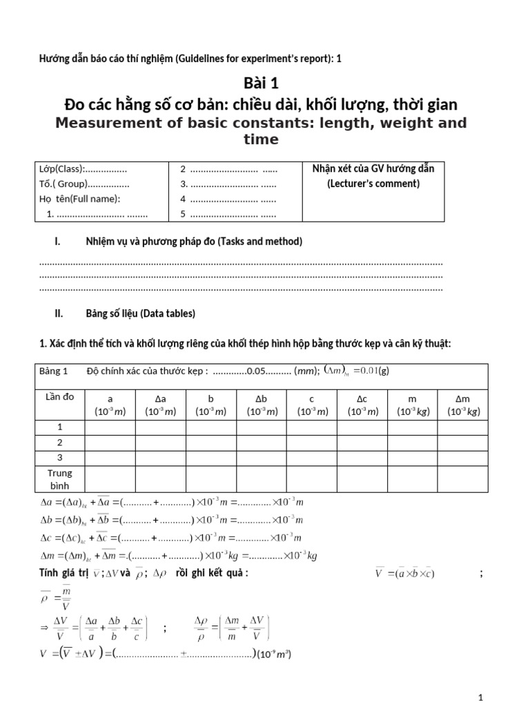 HD Thí Nghiệm VL1 | PDF