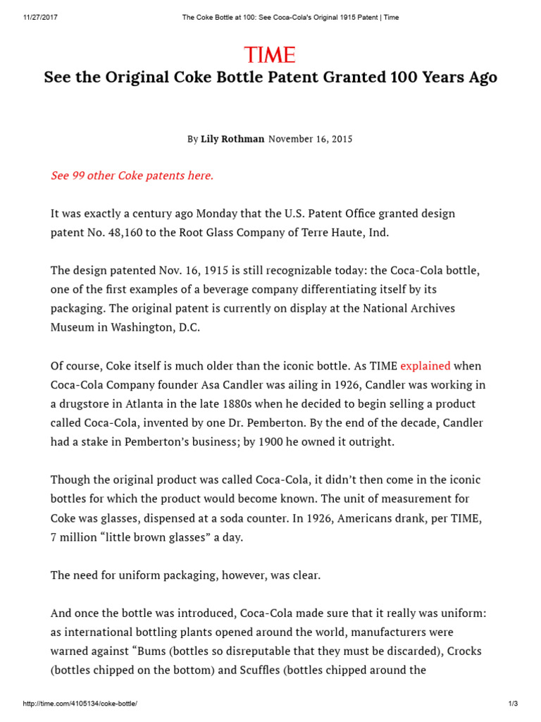 The Coke Bottle at 100 - See Coca-Cola's Original 1915 Patent - Time ...