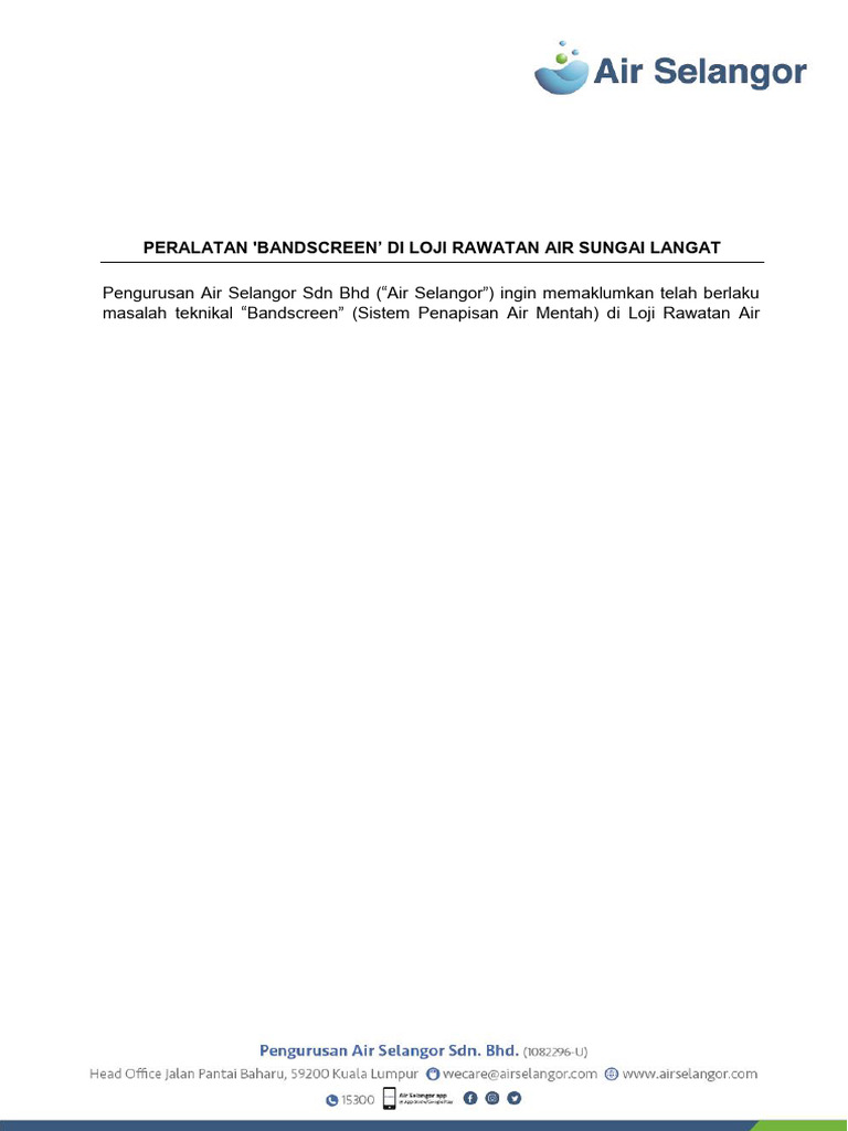 PR Gangguan Bekalan Air Tidak Berjadual Ekoran Masalah Bandscreen LRA SG Langat | PDF