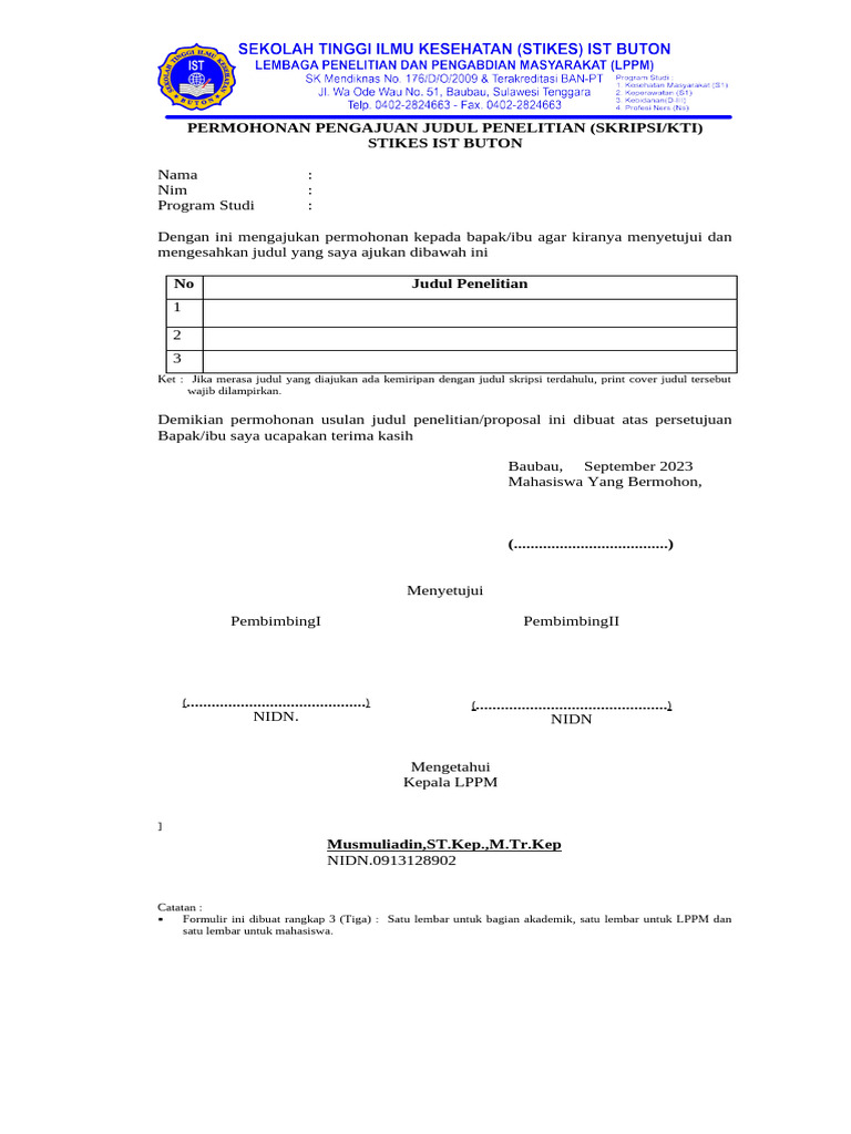 Format Pengajuan Judul Skripsi Dan Kti | PDF