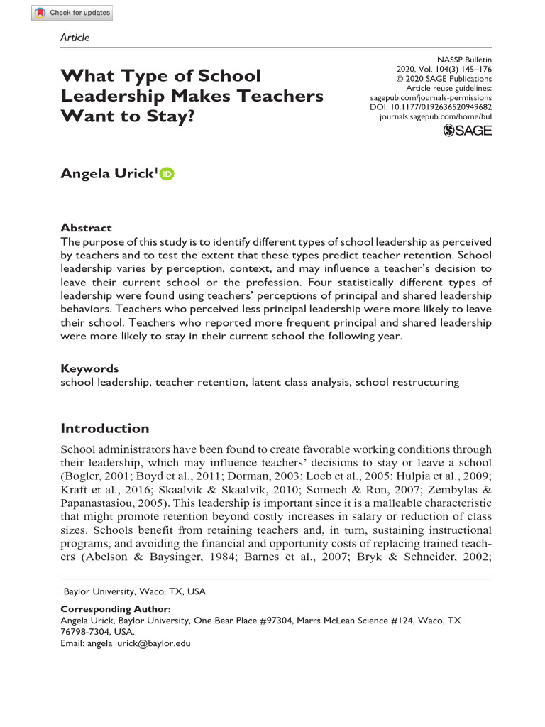 Urick 2020 What Type of School Leadership Makes Teachers Want To Stay ...