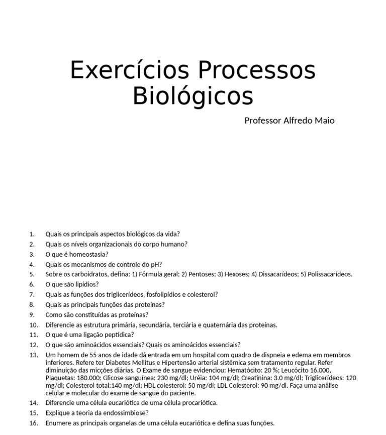 Exercícios AV1 - Processos Biológicos | PDF