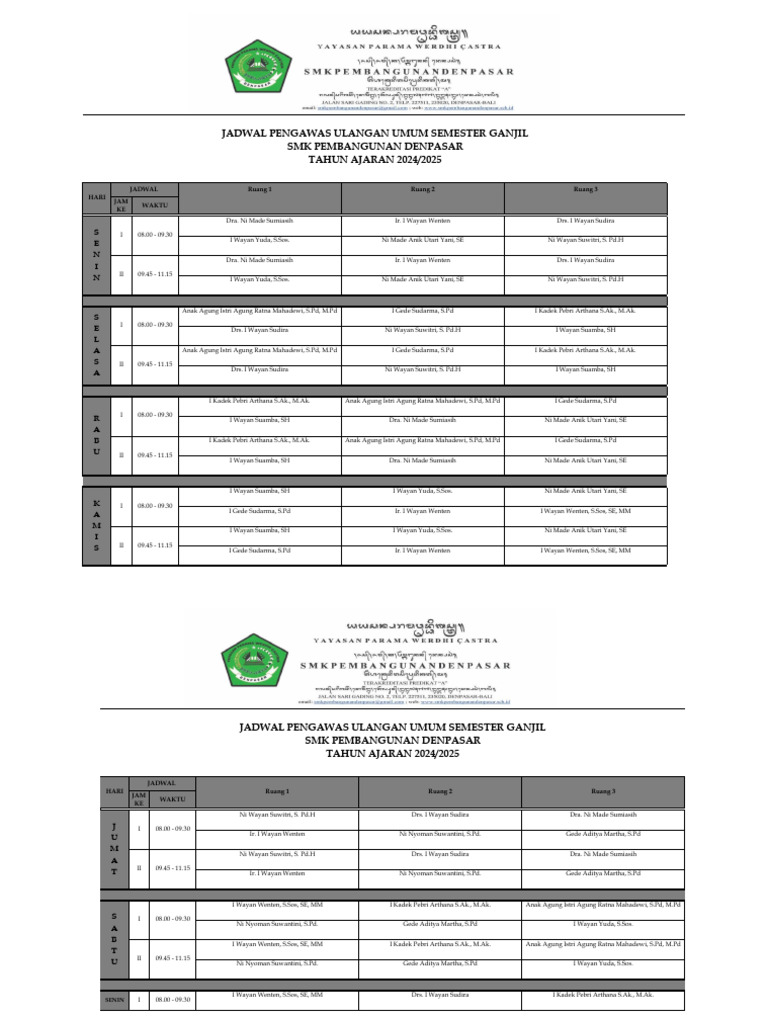 Pengawas ULMUM SEMESTER GANJIL 2024 - 2025 | PDF